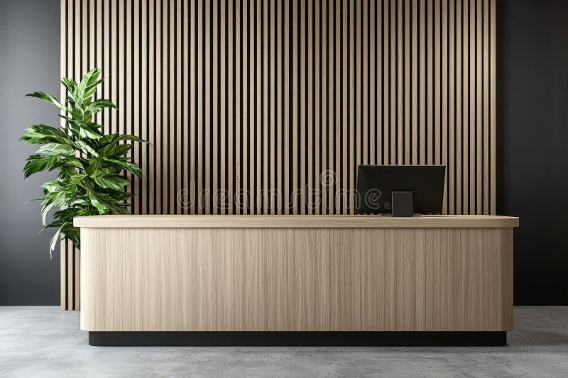 Interior Lobby Design Concept with Wooden and Concrete Reception Desk ...