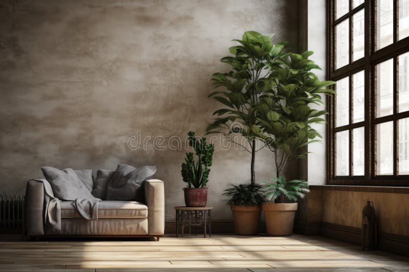 The Interior of the Loft Room with an Armchair and Indoor Trees Stock ...