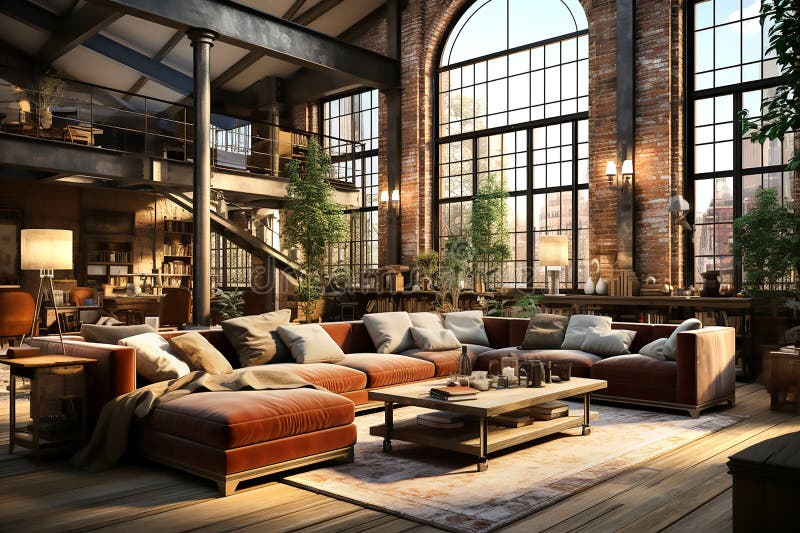 Interior in Loft Style in Brown with a View Outside the Window ...