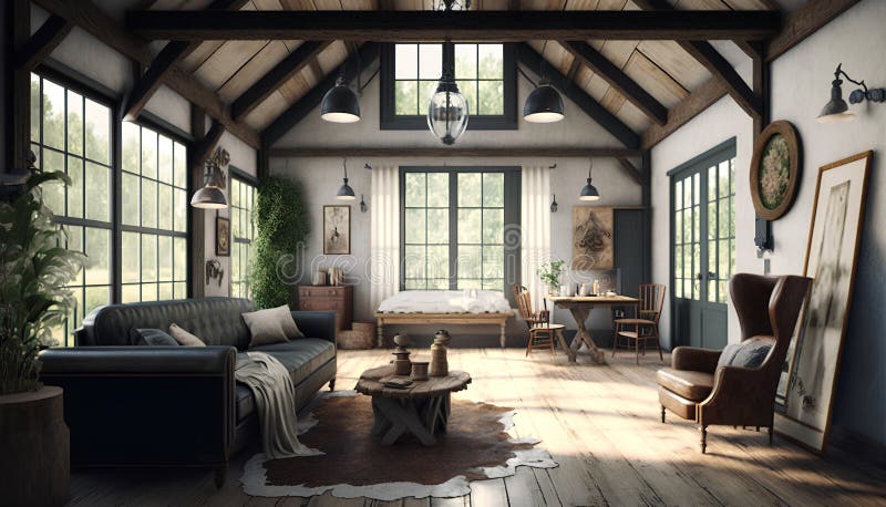 Interior of a Loft Style Living Room. 3D Rendering Stock Illustration ...