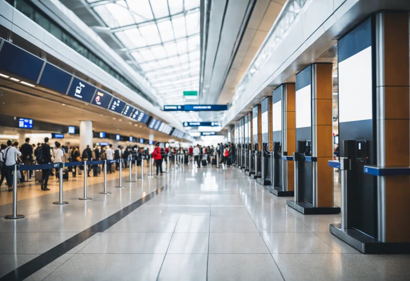 Interior of a Long Airport Terminal Corridor with Blurred People and ...