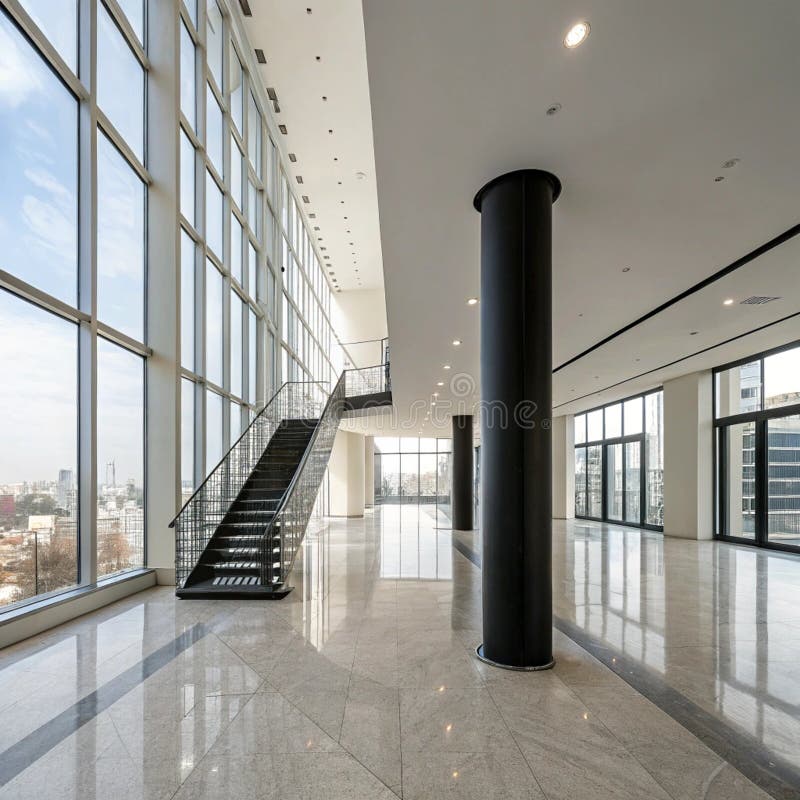 Interior of Long Empty Passage with Windows and Black Column Stock ...