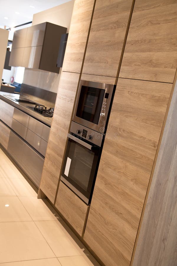 Interior of Luxurious Modern Kitchen and Oak Grey Cabinets Stock Image ...