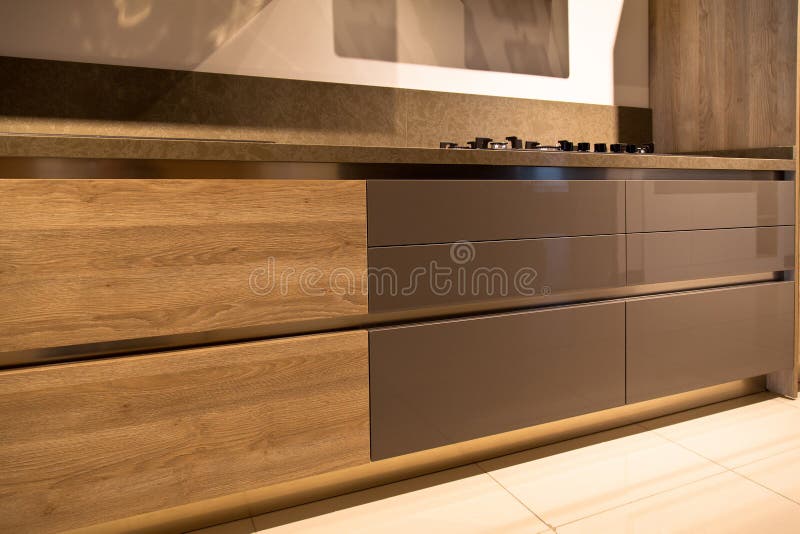 Interior of Luxurious Modern Kitchen and Oak Grey Cabinets Stock Photo ...