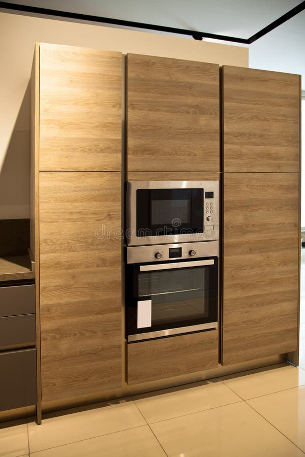 Interior of Luxurious Wooden Modern Kitchen Oak Cabinets Stock Image ...
