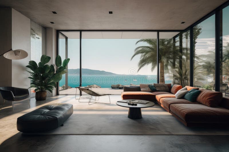 The Interior of a Luxury Apartment Overlooking the Sea. Generative AI ...