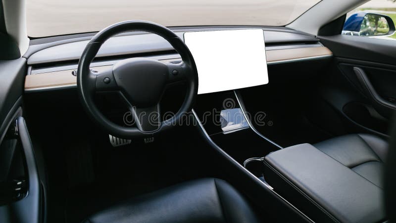 Interior of a Luxury Car with a White Display. Car Multimedia Monitors ...