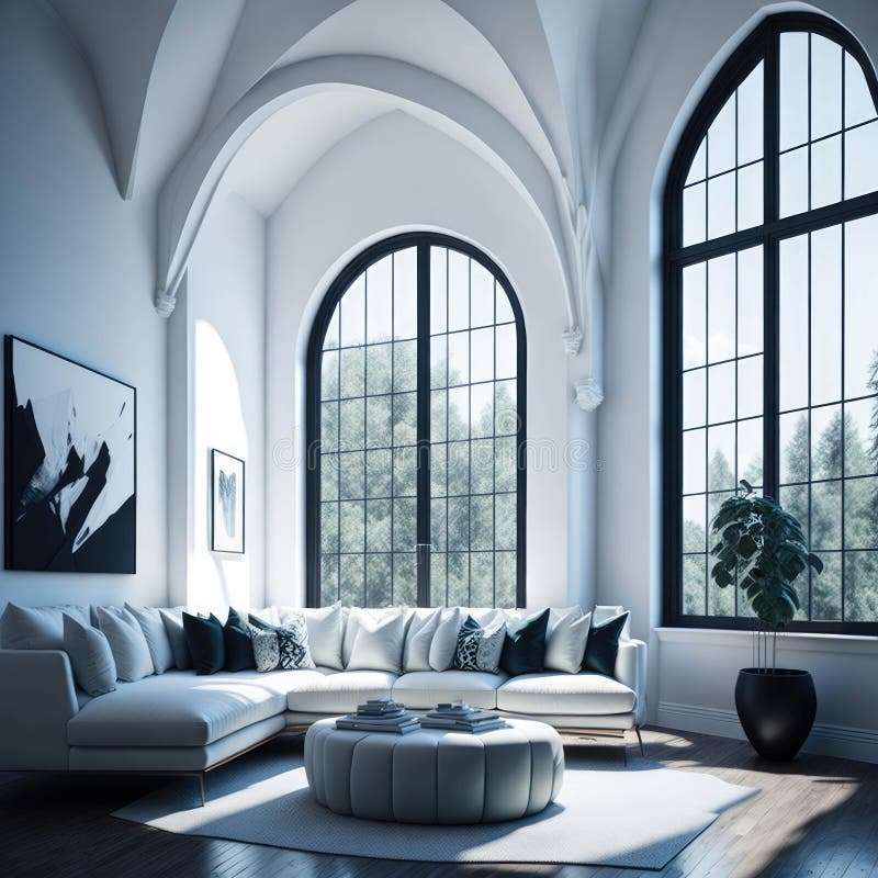 Interior of Luxury Eastern Living Room with Arched Windows and High ...