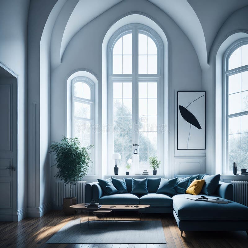 Interior of Luxury Eastern Living Room with Arched Windows and High ...