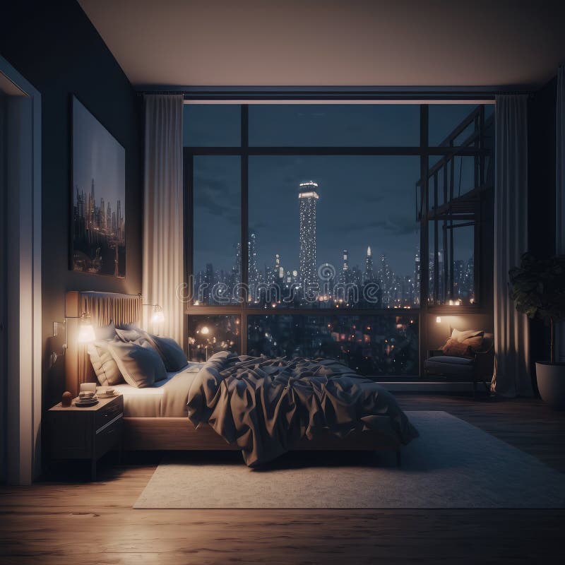 Interior of Luxury Penthouse Bedroom at Night Stock Illustration ...