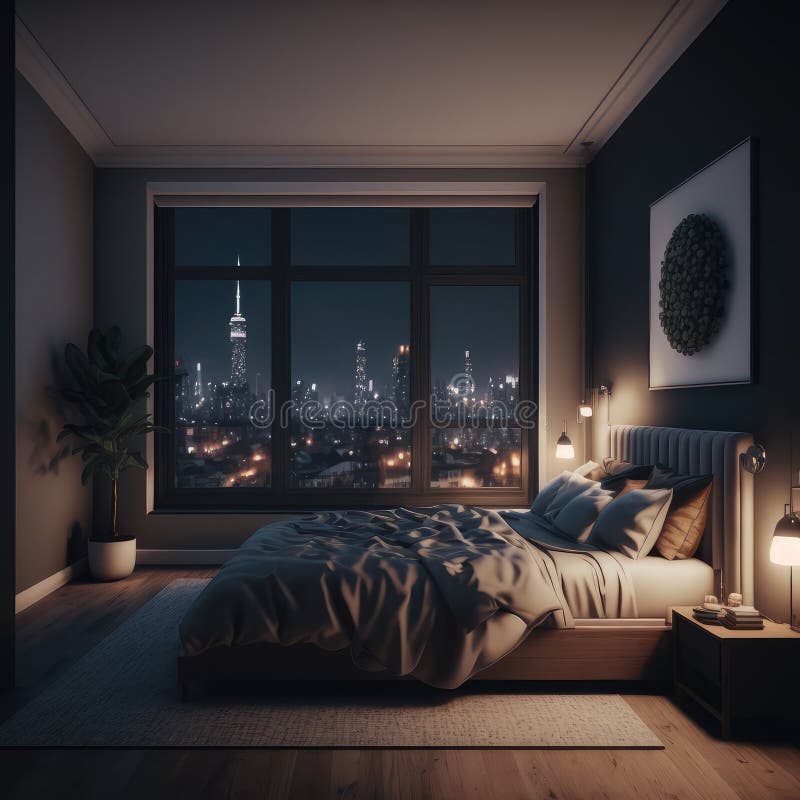Interior of Luxury Penthouse Bedroom at Night Stock Illustration ...