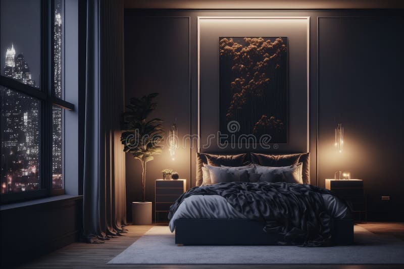 Interior of Luxury Penthouse Bedroom at Night Stock Illustration ...