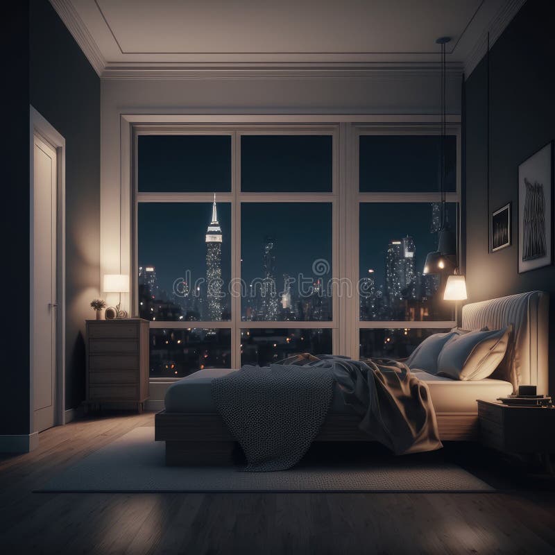 Interior of Luxury Penthouse Bedroom at Night Stock Illustration ...