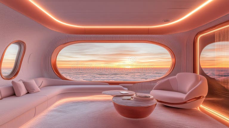 Interior of a Luxury Private Jet Cabin during a Sunset Flight with ...