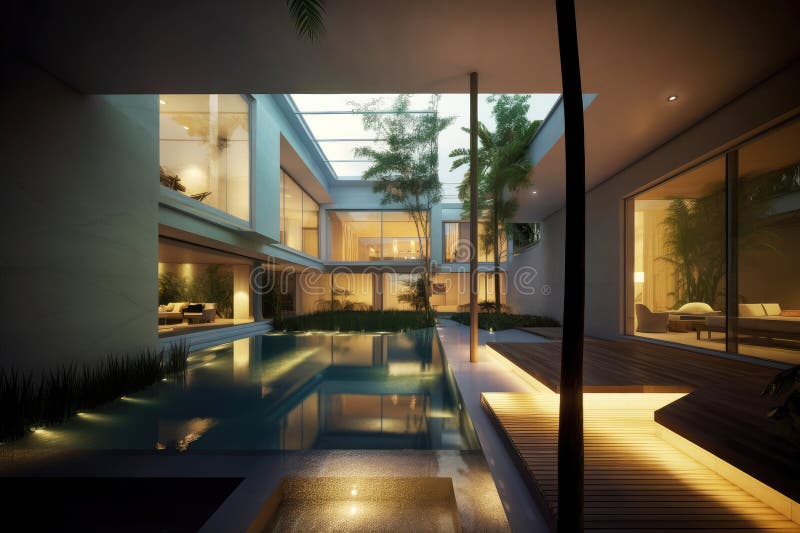 Interior of Luxury Villa with Swimming Pool in the Light of the Setting ...