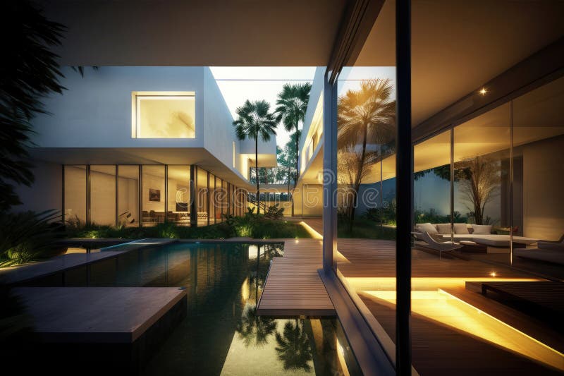 Interior of Luxury Villa with Swimming Pool in the Light of the Setting ...