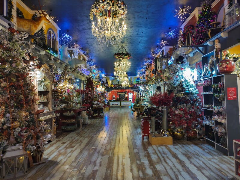 Magic Interior of Christmas Shop with Many Decorations in Sant`Elpidio ...