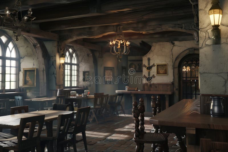 Interior of Medieval Wooden Pub. Generative AI Stock Image - Image of ...