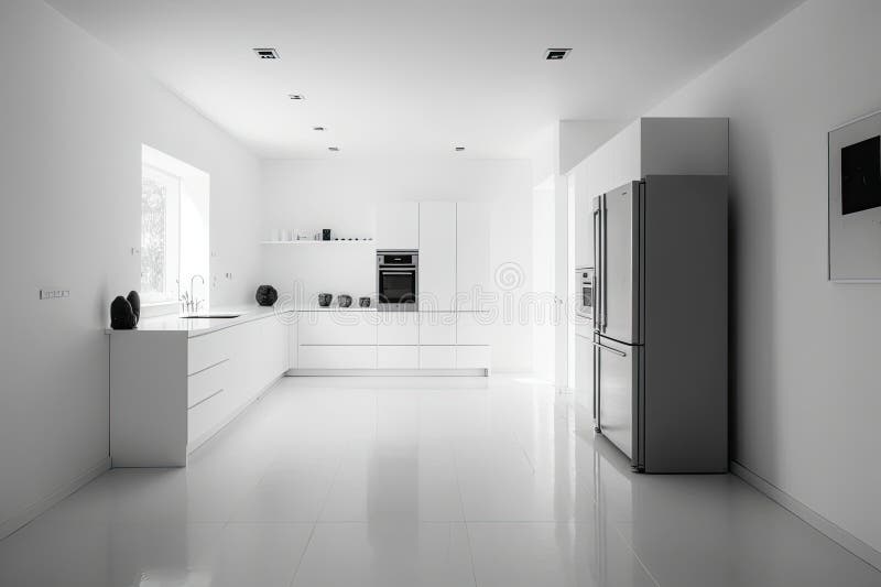 The Interior of a Minimalist Kitchen with White Walls. Illustration AI ...