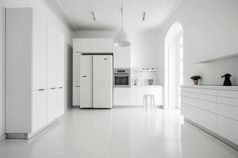 The Interior of a Minimalist Kitchen with White Walls. Illustration AI ...