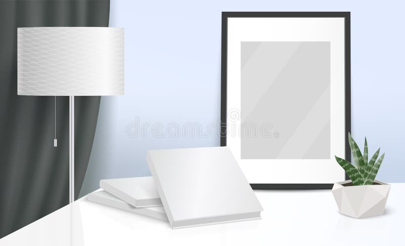 Interior with Mock Up Posters and Books on Table Stock Vector ...