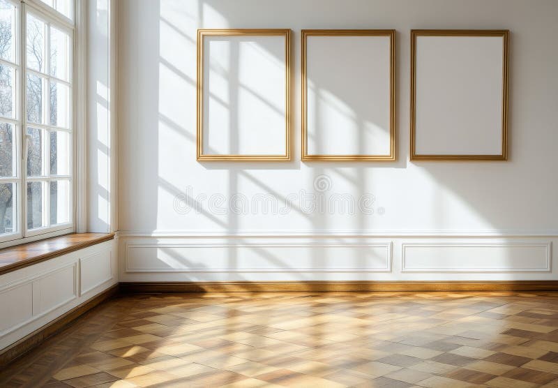 An Interior Mockup Rendered in 3D Shows Three Wooden Frames Leaning ...