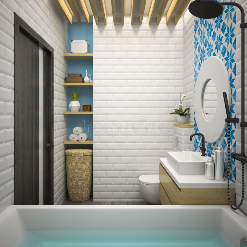 Interior Modern Bathroom 3D Rendering Stock Image - Image of chrome ...