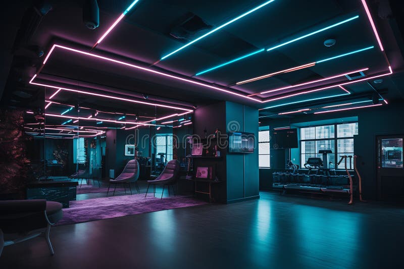 Interior of Modern Beauty Salon with Colorful Neon Lights. 3D Rendering ...