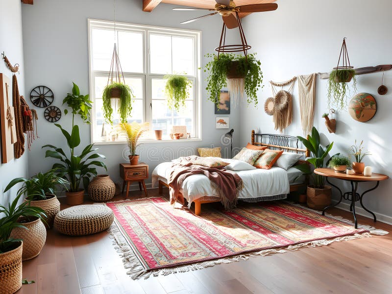 Interior of a Modern Bedroom with a Bed and Plants in Pots Stock Photo ...