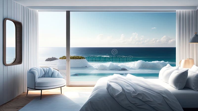 Interior of Modern Bedroom with Sea View. 3D Rendering Stock ...