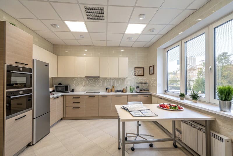 Modern Beige Kitchen with Work Table and Large Window Stock ...