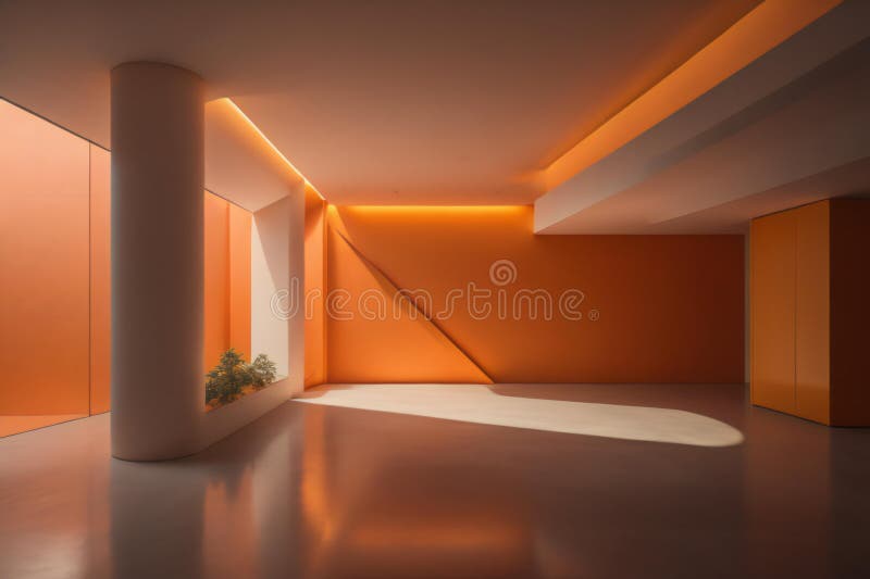 Interior of Modern Bright Room with Orange Walls, Concrete Floor and ...