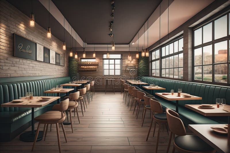 Interior of a Modern Cafe with Blue Walls and Wooden Floor. Ai ...