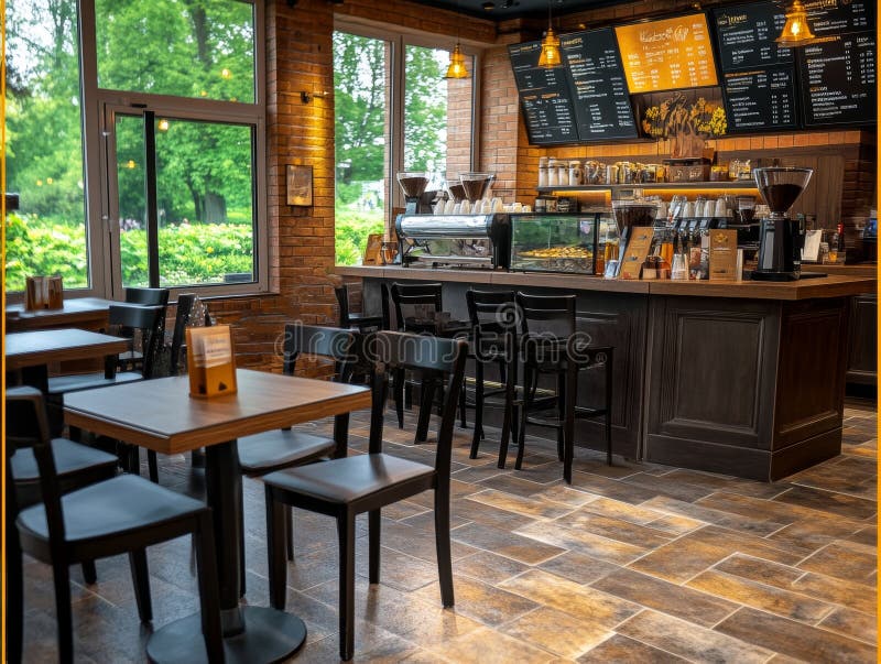 The Interior of this Modern Cafe Features Large Windows, a Wooden Bar ...