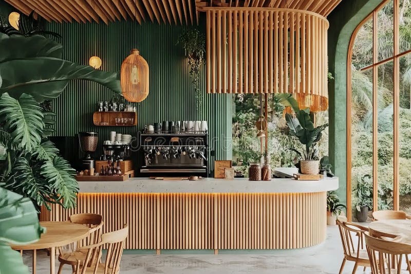 The Interior of this Modern Cafe Features Light Blue Walls, a White ...