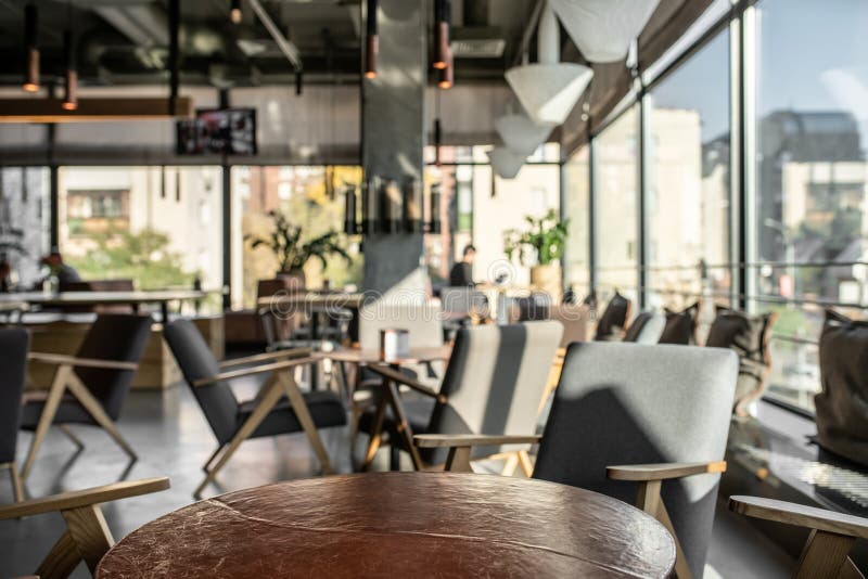 Interior of Modern Cafe in Loft Style Stock Image - Image of curtain ...