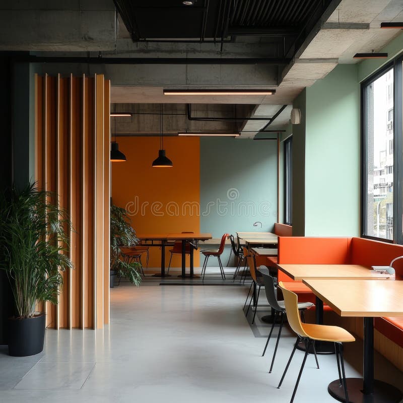 Interior of Modern Cafe with Orange Walls and Concrete Floor. 3d ...