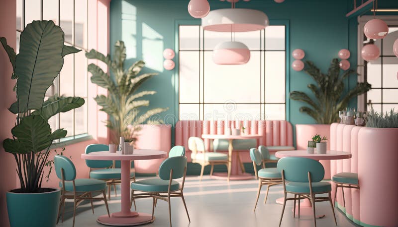 Interior of Modern Cafe with Pink and Blue Color. 3d Render Stock ...