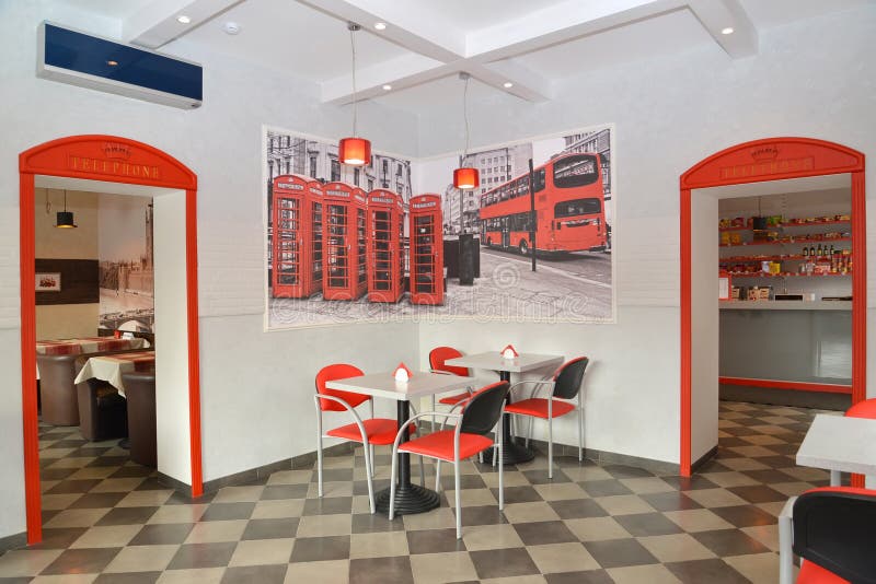 Interior of Modern Cafe in Red and Light Tones Editorial Image - Image ...