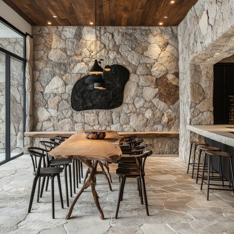 Interior of Modern Cafe with Stone Wall and Wooden Table. 3d Render ...