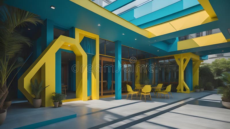 Interior of Modern Cafe with Yellow and Blue Walls. Generative Ai Stock ...
