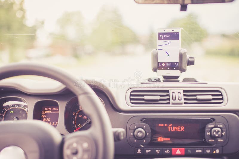Interior of a Modern Car on a Sunny Day. Smartphone on Mobile Mount ...
