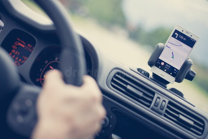 Interior of a Modern Car on a Sunny Day. Smartphone on Mobile Mount ...