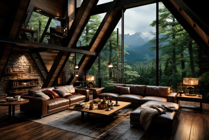Interior of a Modern Chalet in the Forest in the Mountains Stock ...