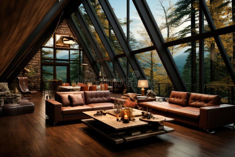 Interior of a Modern Chalet in the Forest in the Mountains Stock ...