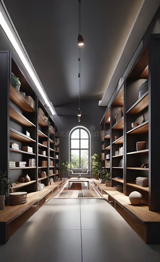Interior of a Modern Corridor with a Library, Warehouse Design with ...