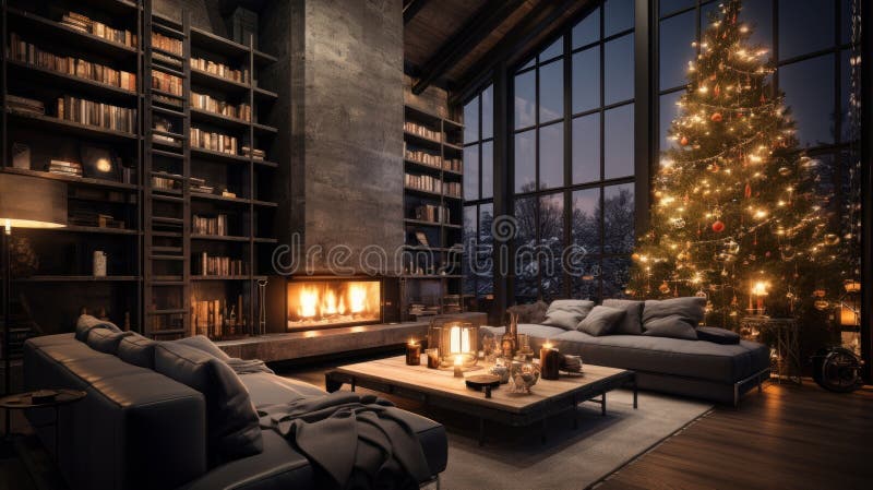 Interior of Modern Cozy Luxurious Studio with Christmas Decor. Blazing ...