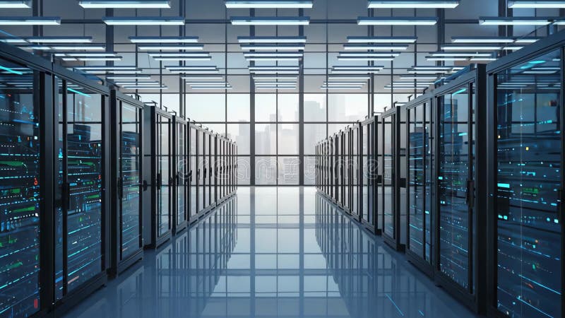 Interior of Data Center with Glass Server Racks and Glowing LED Lights ...