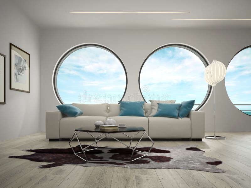 Interior Of Modern Design Room With Sea View 3D Rendering Stock ...