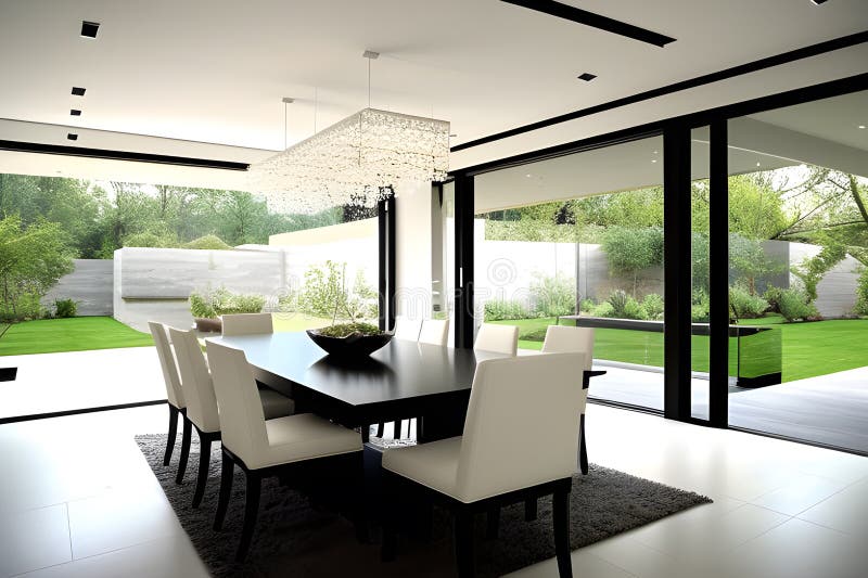 Interior of Modern Dining Room with Garden View. 3d Render Stock ...